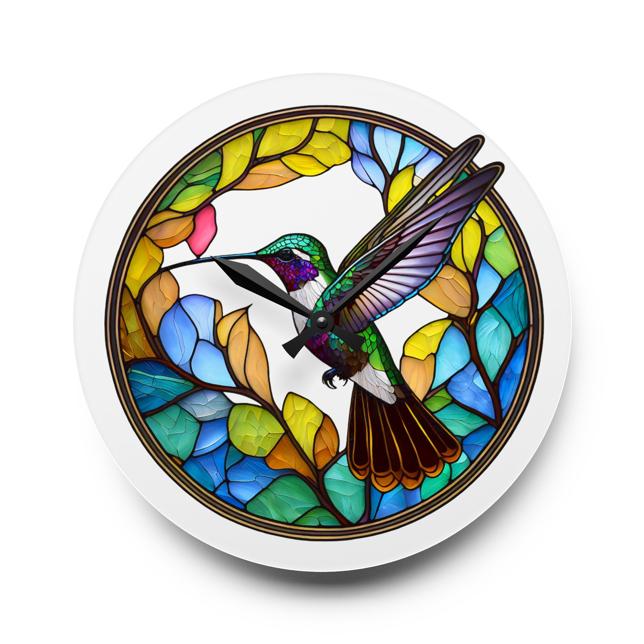Hummingbird Clock Colorful Stained Glass Look Decorative Wall Clock ...