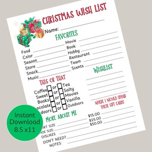 Wish List Printable Christmas Family Gifts Survey Holiday Presents ...