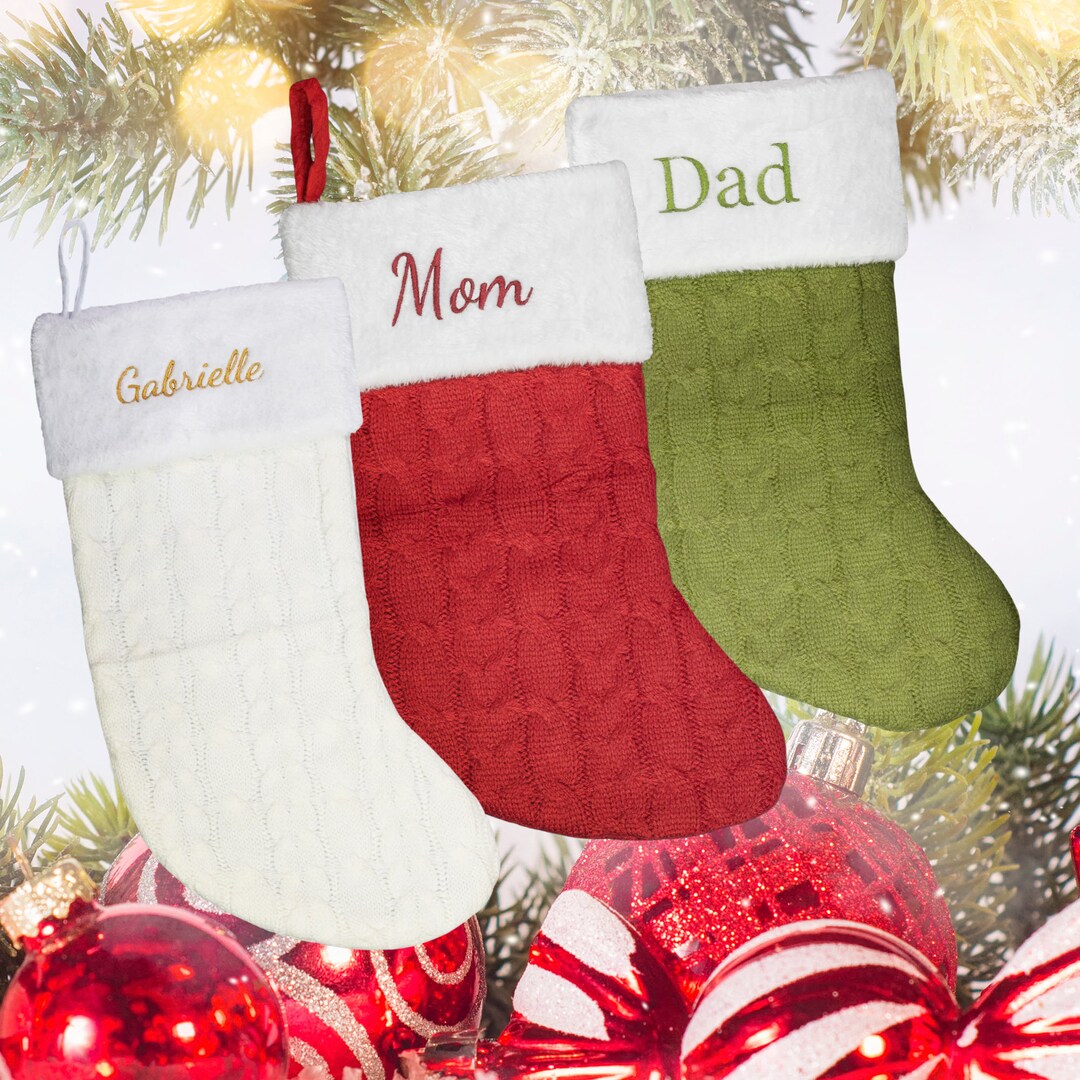 Knit Stocking Embroidered Custom Christmas Stocking Cream Red Sweater ...