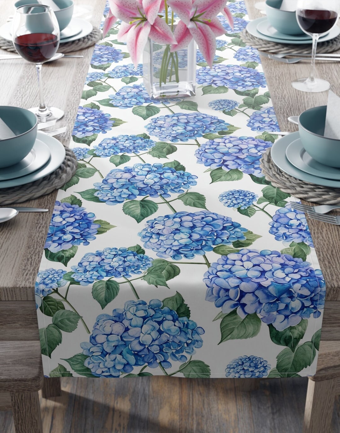 Hydrangea Print Table Runner, Blue White Watercolor Floral, Cotton ...
