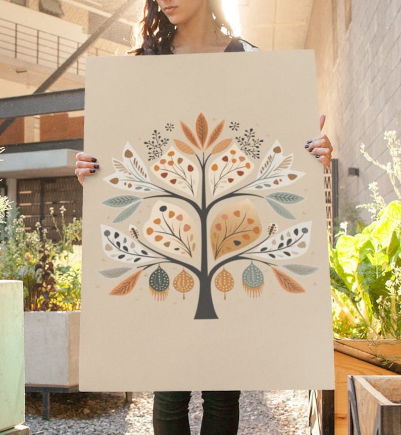 Boho Tree Wall Art Poster Scandinavian Folk Art Scandi Tree of Life ...