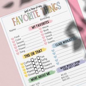 Teacher Favorite Things Questionnaire, Back to School Gift (printable ...