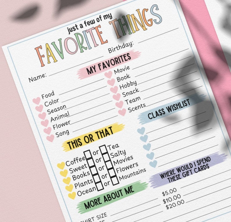 Teacher Favorite Things Questionnaire, Back to School Gift (printable ...