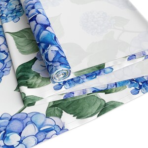 Hydrangea Fabric Runner Blue and White Watercolor Floral Table Setting | Cotton Twill Kitchen ...