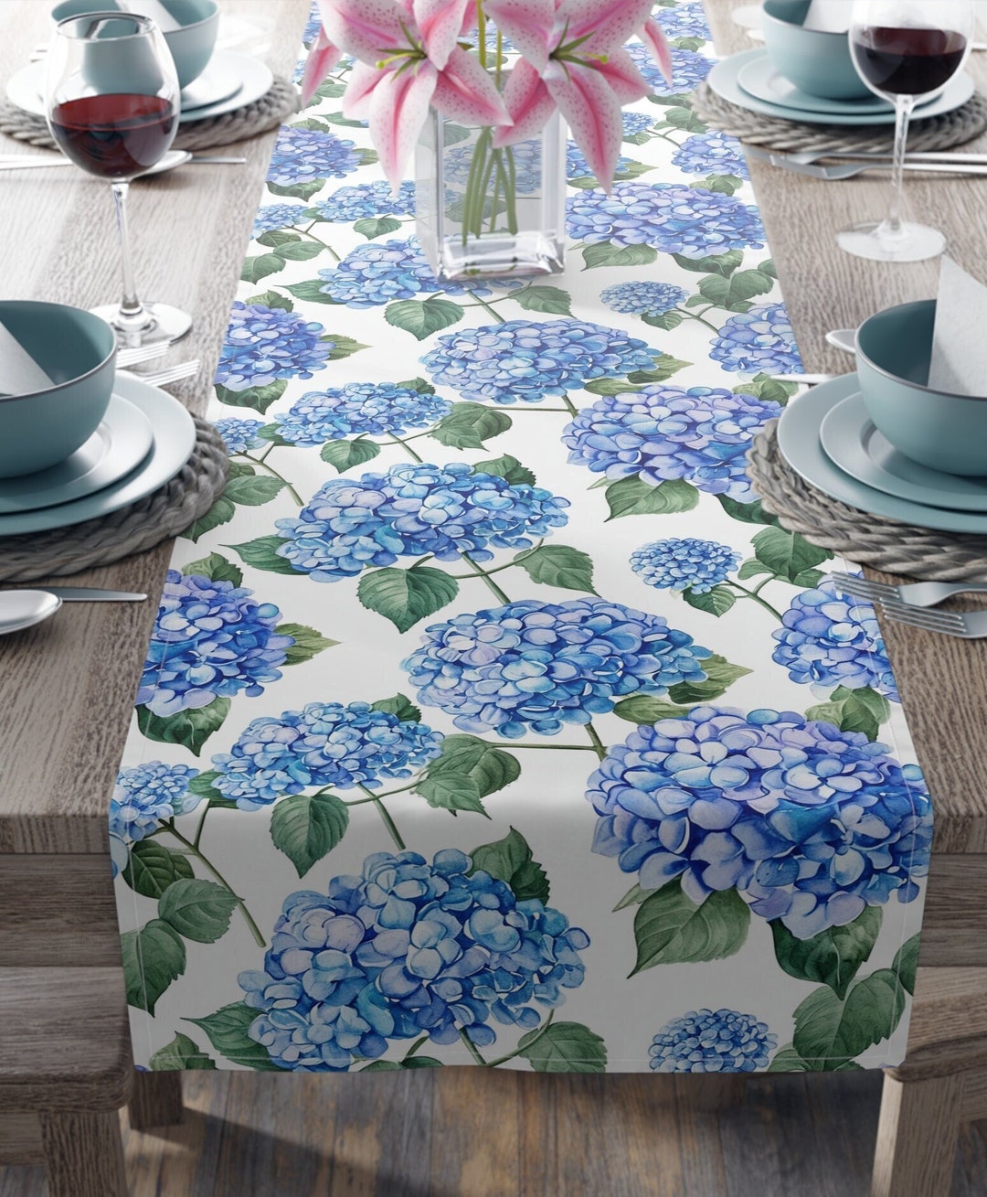 Blue and White Hydrangea Fabric Table Runner Hydrangea Watercolor ...