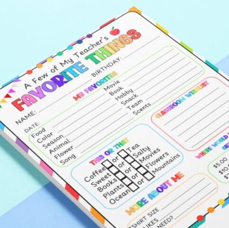 Teacher Favorite Things Questionnaire Printable (PDF) - Etsy
