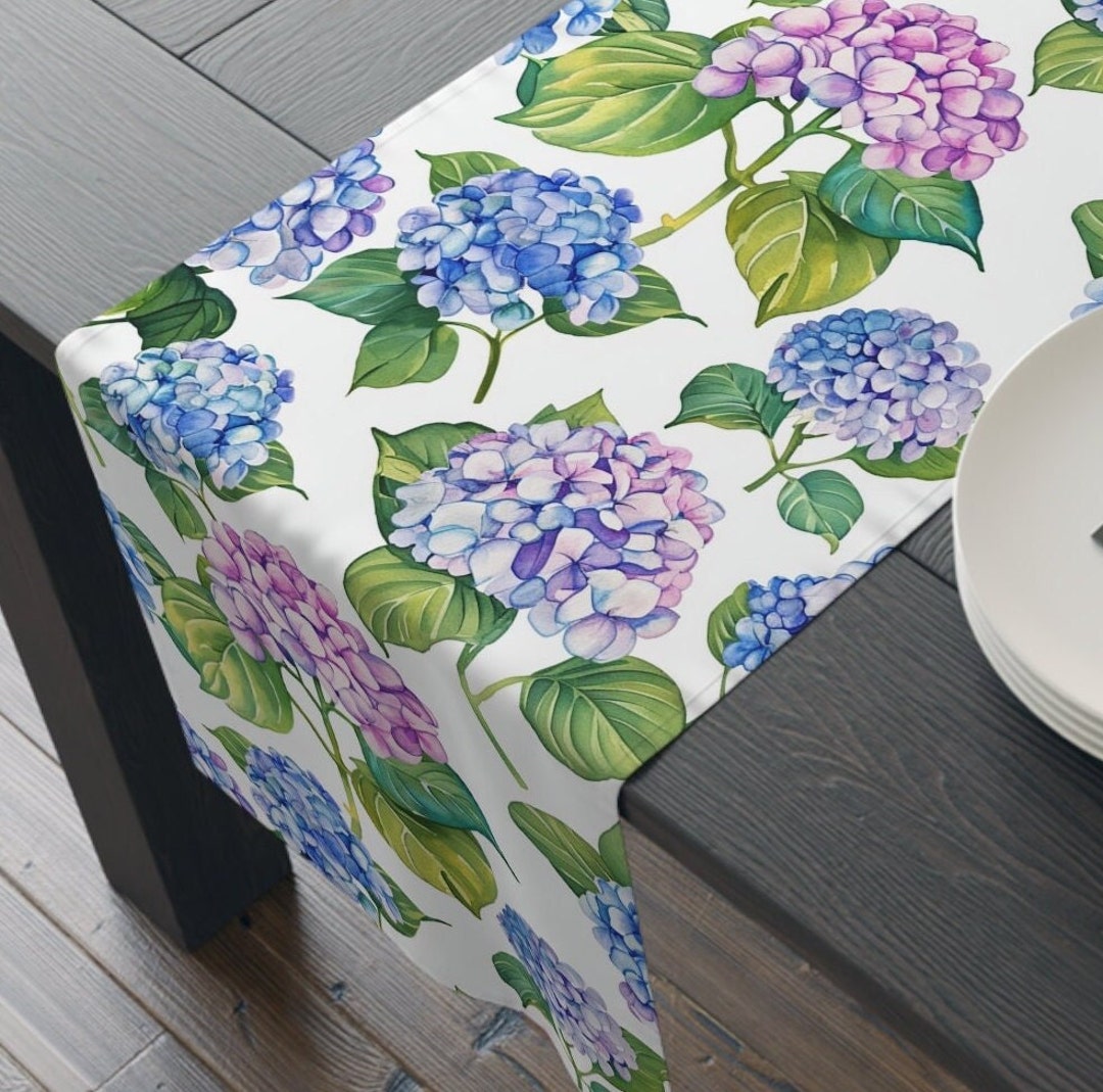 Hydrangea Table Runner Cotton Fabric Purple Hydrangea Watercolor Floral ...