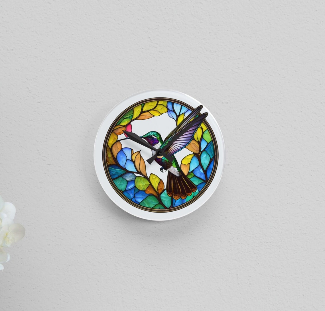 Hummingbird Clock Colorful Stained Glass Look Decorative Wall Clock ...