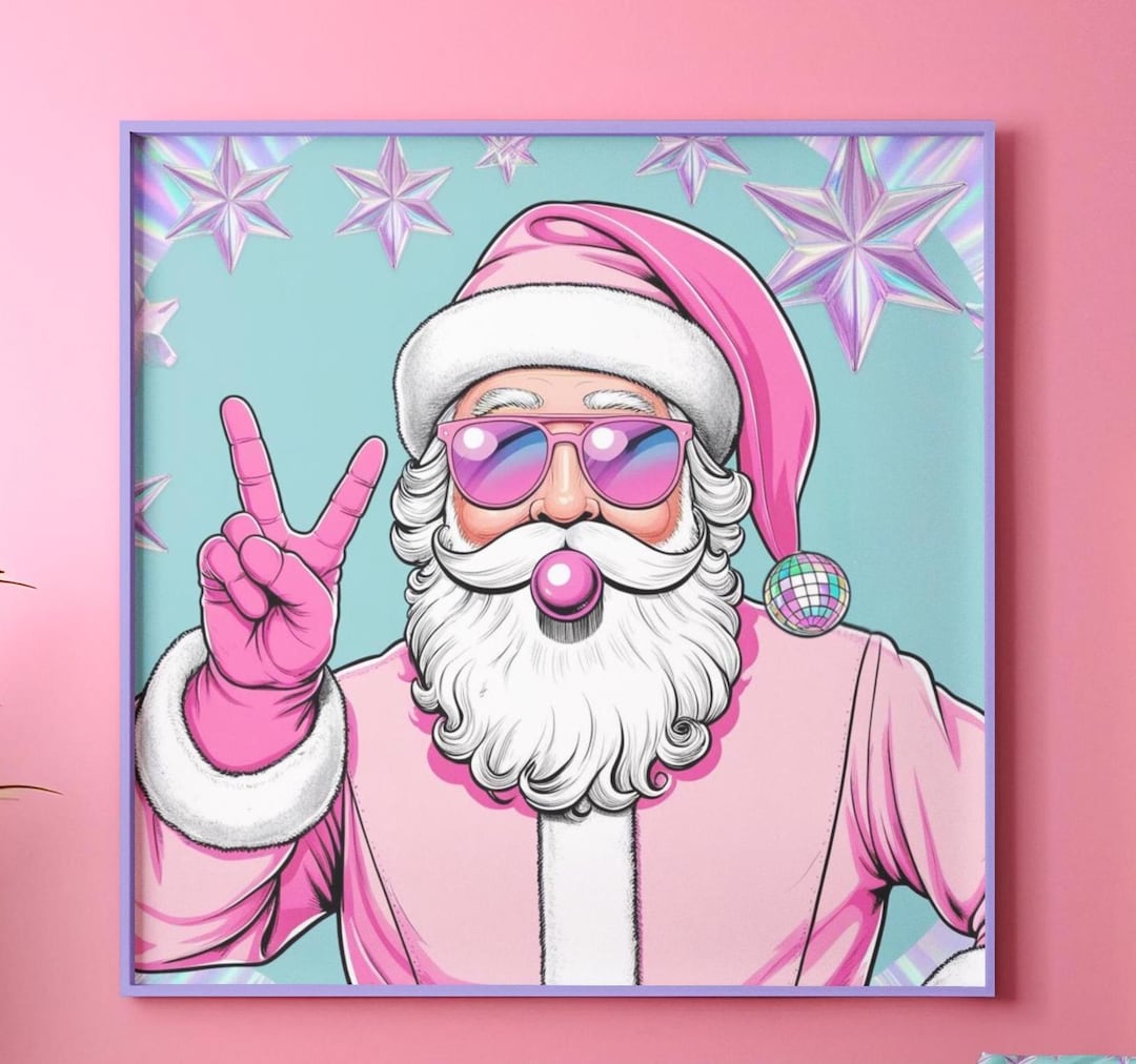 Pink Santa Blowing Bubblegum Wall Art Decor Christmas Poster Retro ...