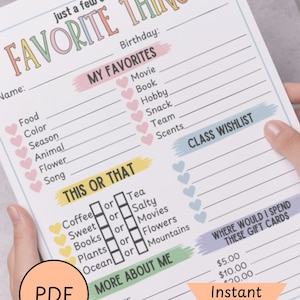 Teacher Favorite Things Printable Questionnaire Pastel Team Building ...