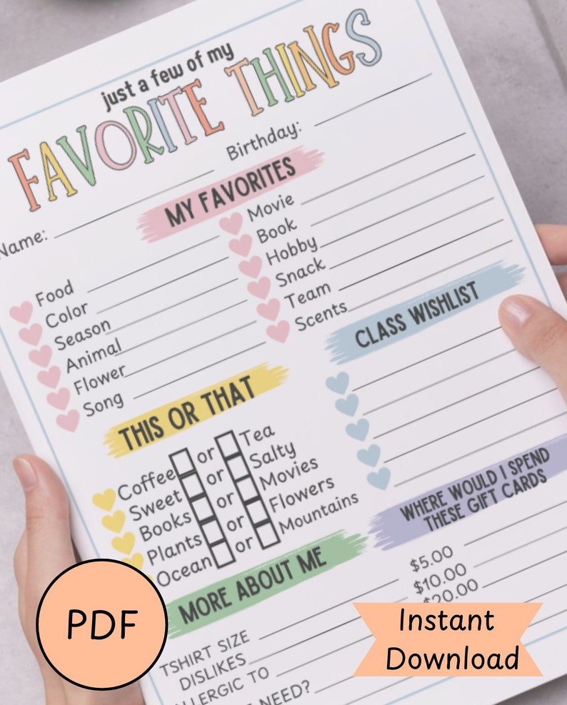 Teacher Favorite Things Questionnaire, Back to School Gift (printable ...