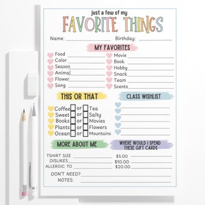 Teacher Favorite Things Printable Questionnaire Pastel Team Building ...