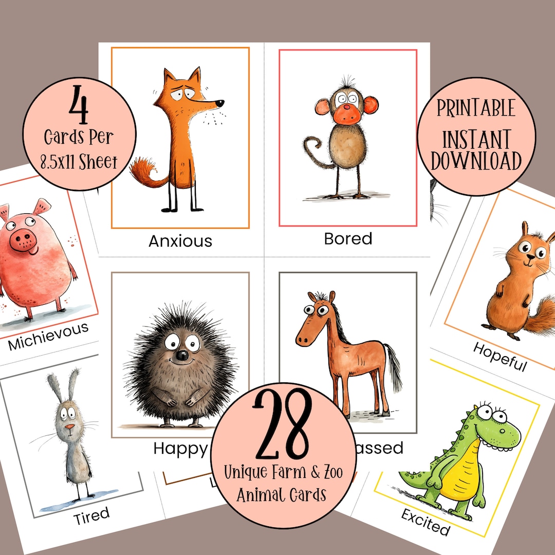 Preschool Emotions Flashcards Printable Cute Zoo Farm Animals Cards ...