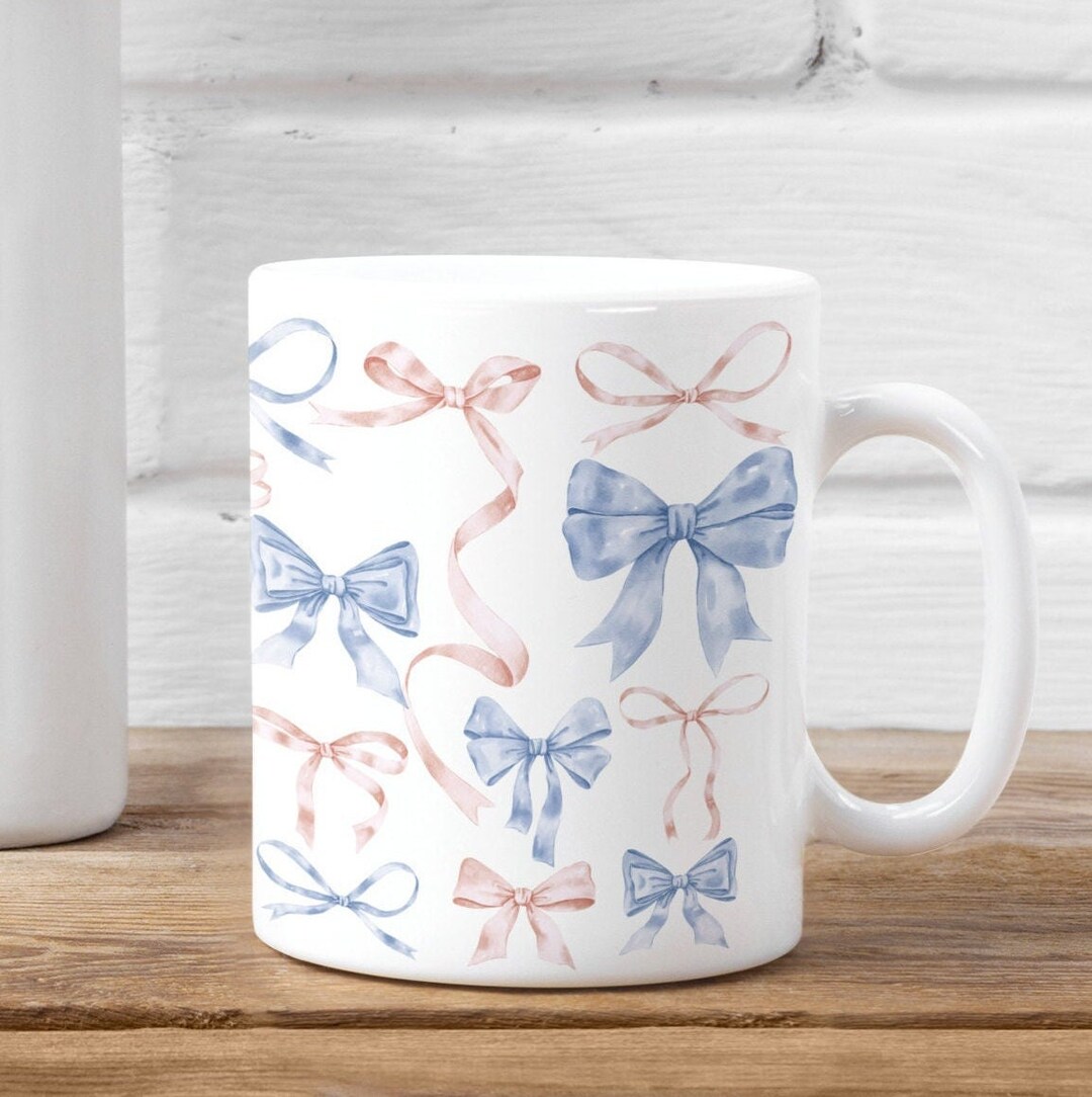 Bows Cup Coquette Coffee Mug Pastel Pink and Blue Preppy Mug Cute Soft ...