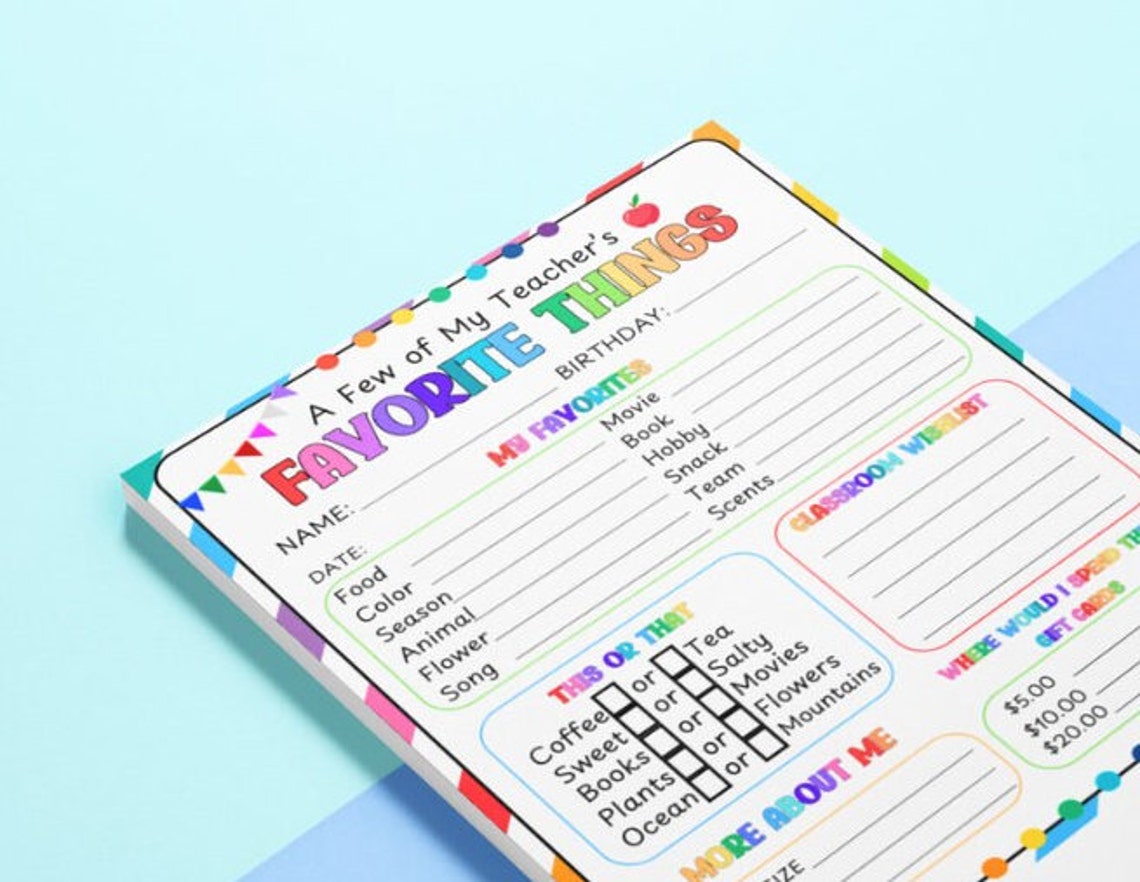 Teacher Favorite Things Questionnaire Printable (PDF) - Etsy