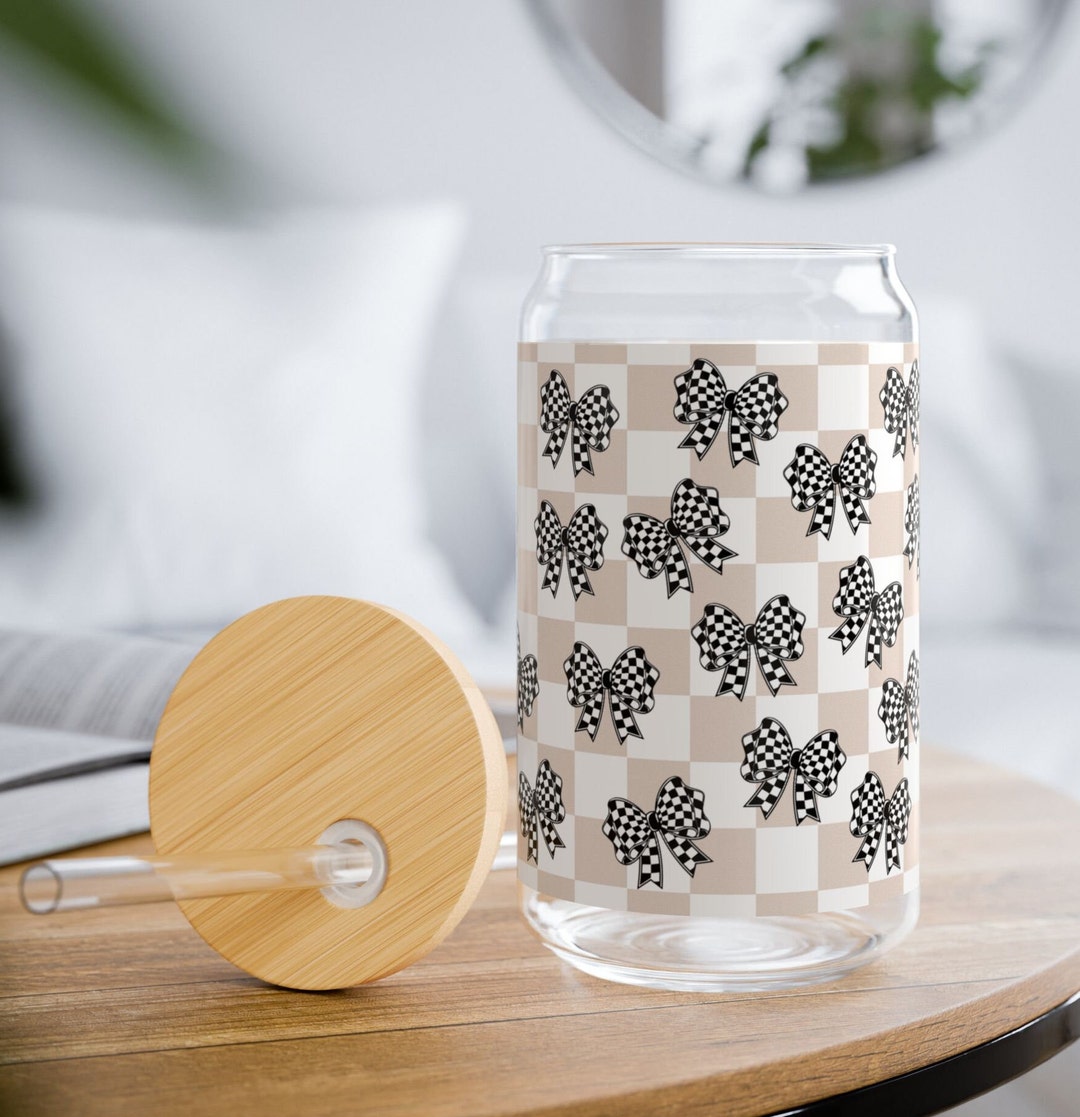 Checker Bow Iced Coffee Glass, Retro Checkerboard Neutral Tumbler Can ...