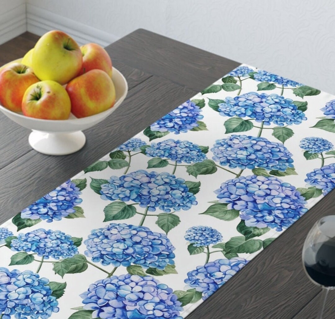 Hydrangea Fabric Runner Blue and White Watercolor Floral Table Setting ...