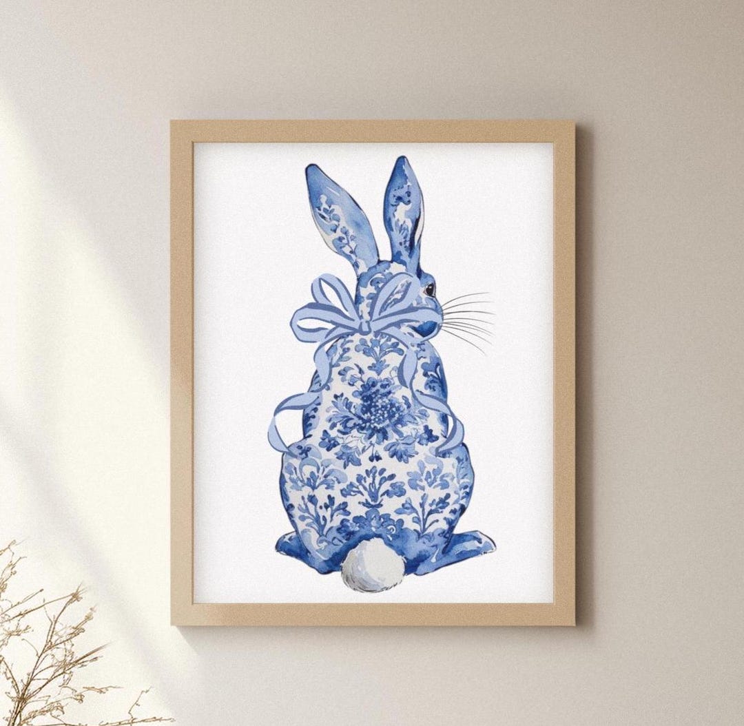 Chinoiserie Bunny PNG, Cute Coquette Blue Rabbit With Bow, Easter Bunny ...
