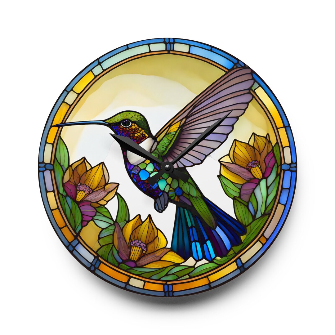 Faux Stained Glass Hummingbird Wall Clock - Acrylic Decorative Clock ...