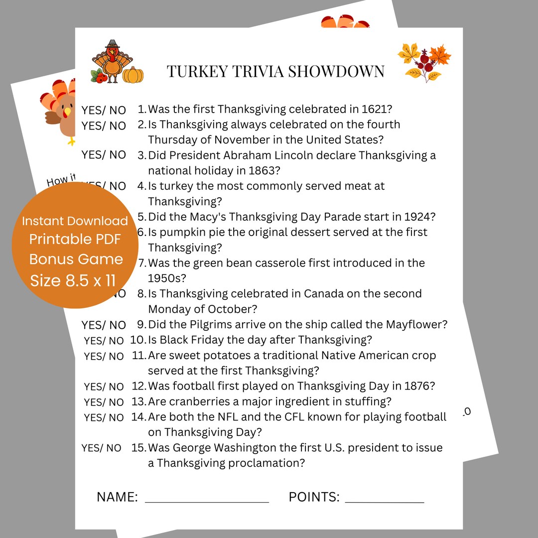 Thanksgiving Trivia Game Family Fun Printable Dinner Table Game Work ...
