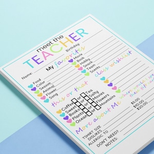 Teacher Favorite Things Printable Questionnaire All About My Teacher ...