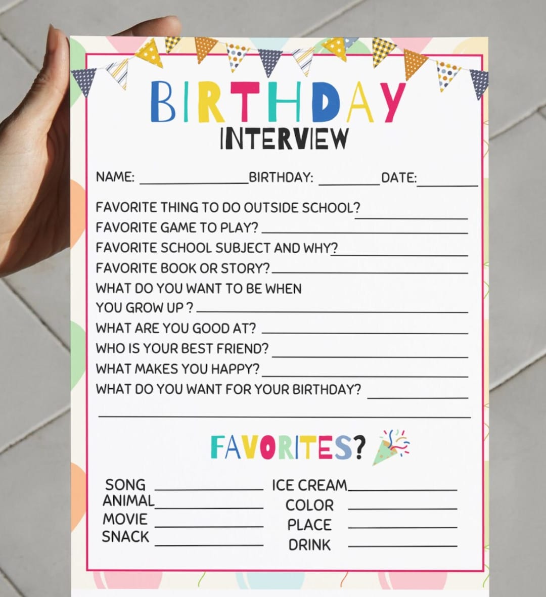 Printable Kids Questionnaire Birthday All About Me PDF Wishlist Survey ...
