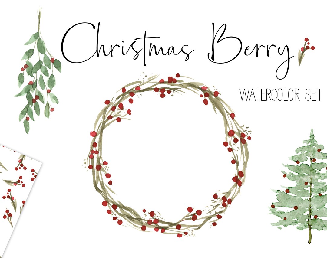 Christmas Watercolor Berry Wreath and Mistletoe Clip Art Set INSTANT ...