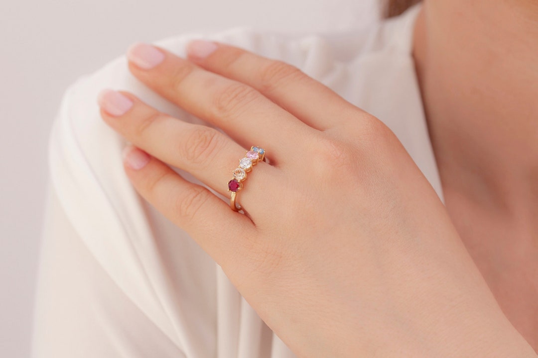 14K Solid Gold Birthstone Ring, Personalized Birthstone Ring, Dainty ...