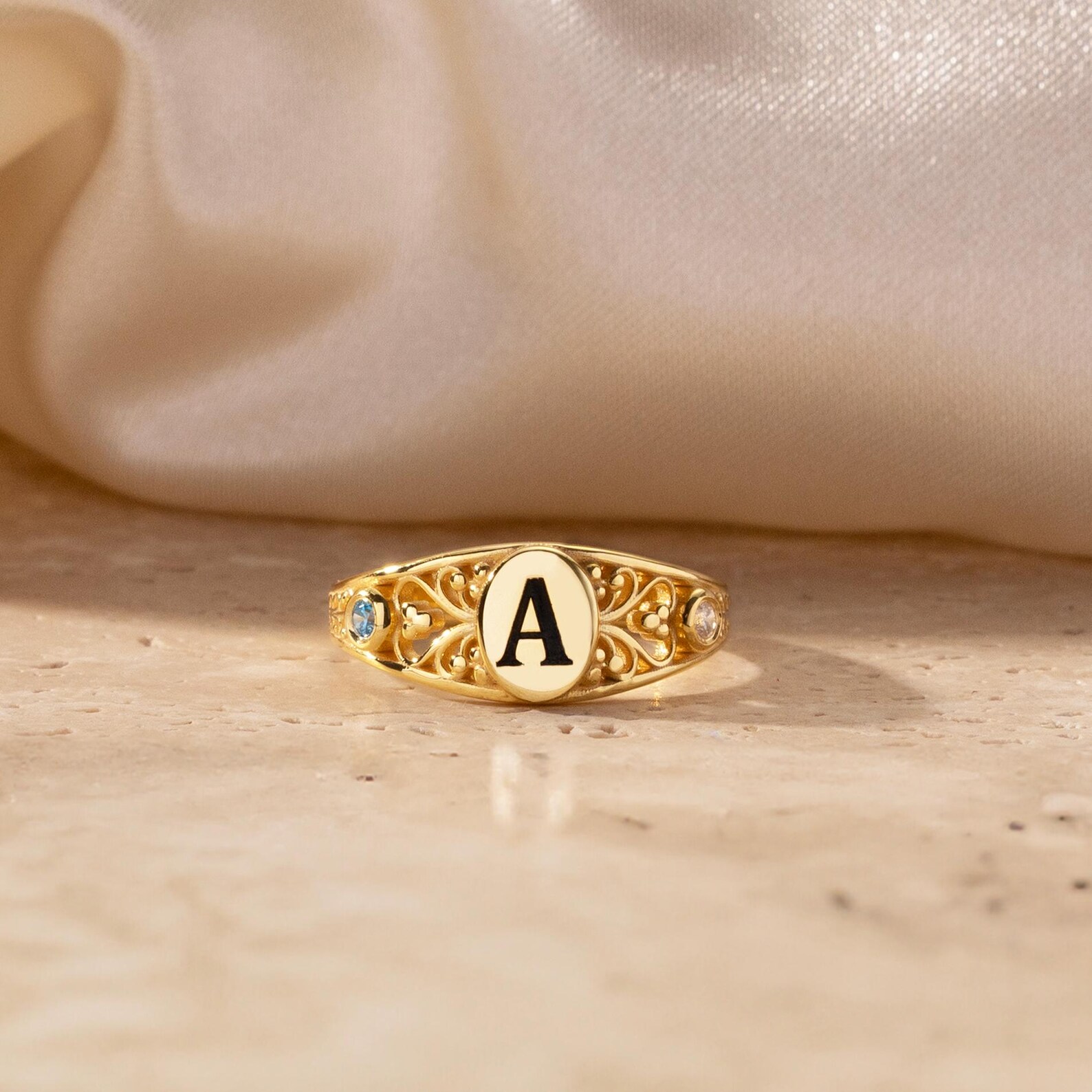 Birthstone Signet Ring , Initial Ring, Personalized Ring for Women ...