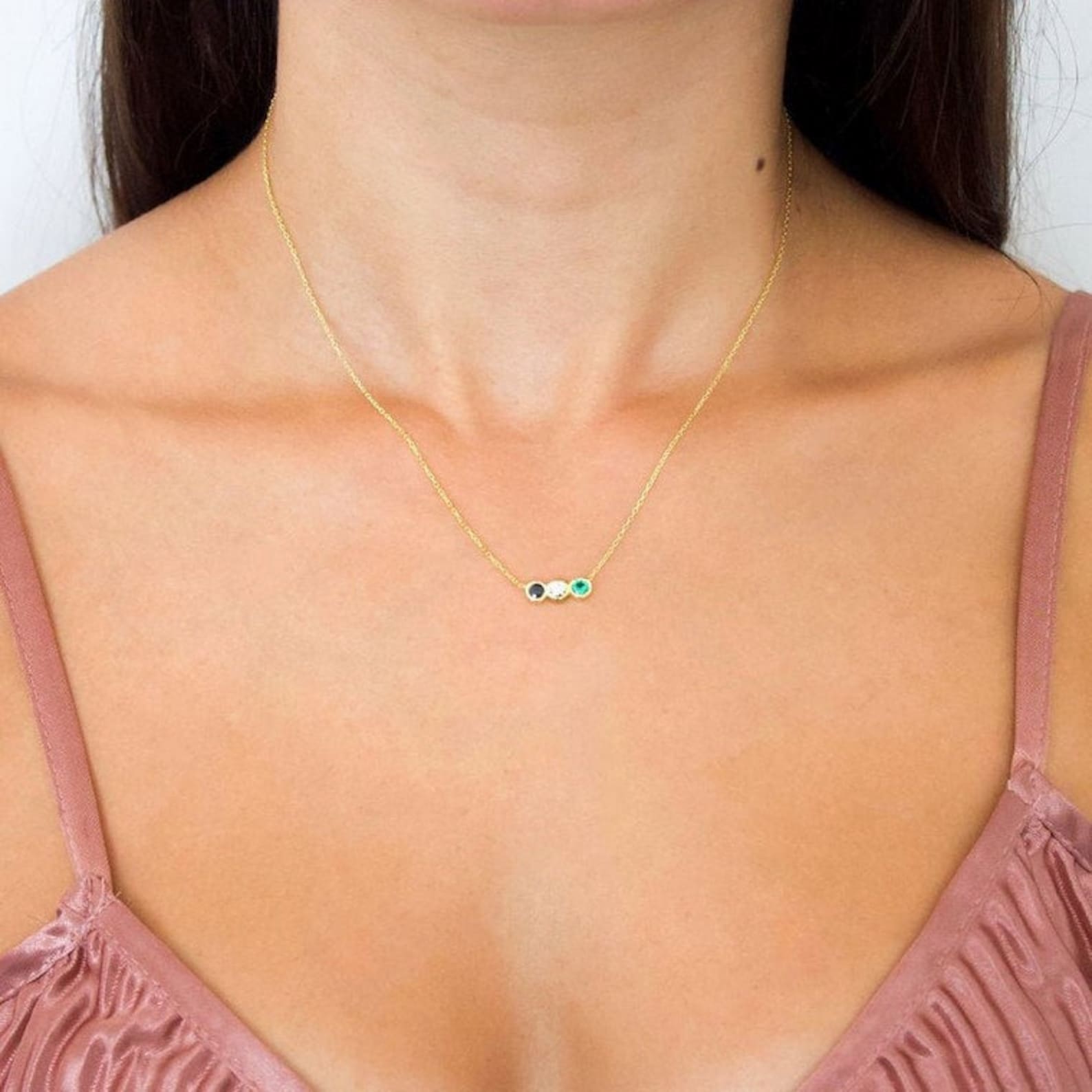 14k Solid Gold Family Birthstone Necklace , Gold Children Birthstone ...