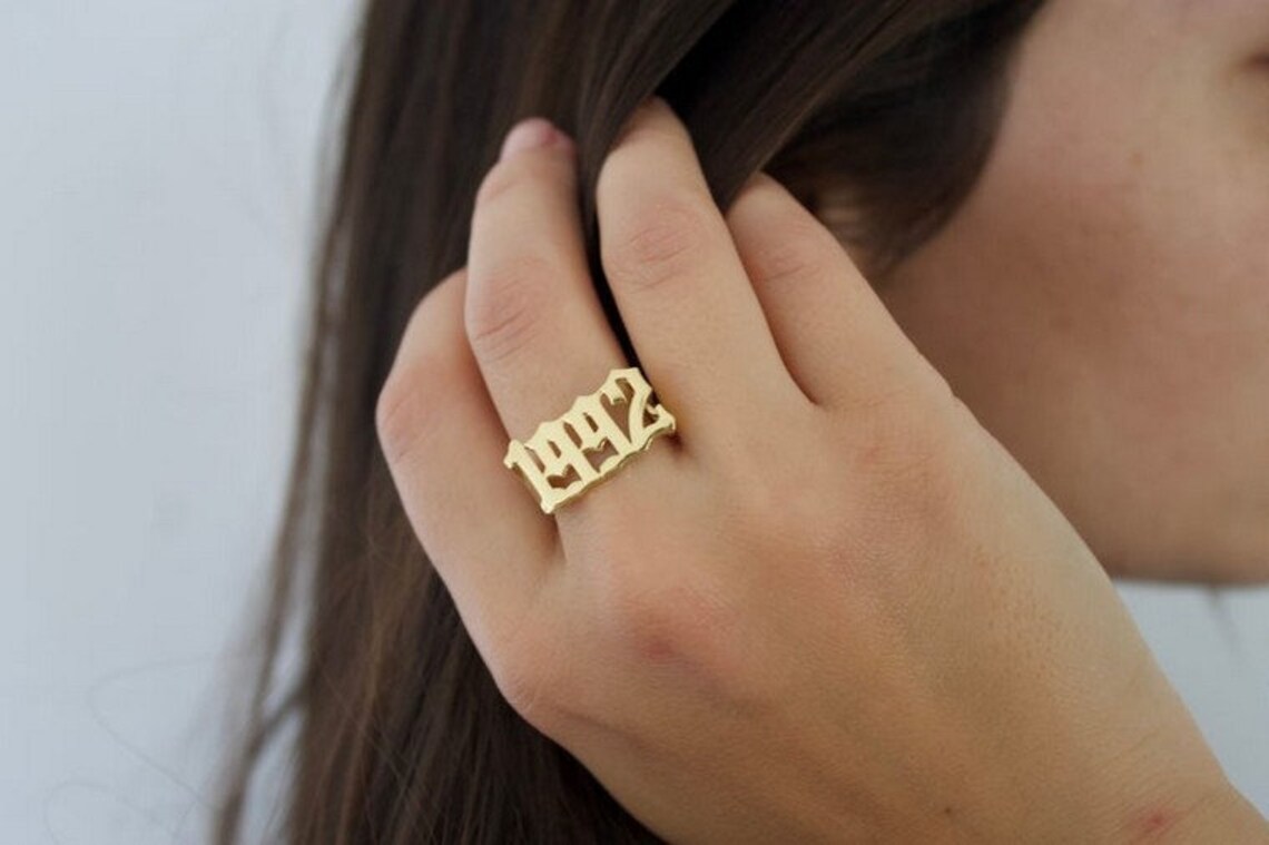 Year Ring - Gold Signet Ring - Birthday Date Ring - Personalized Number ...