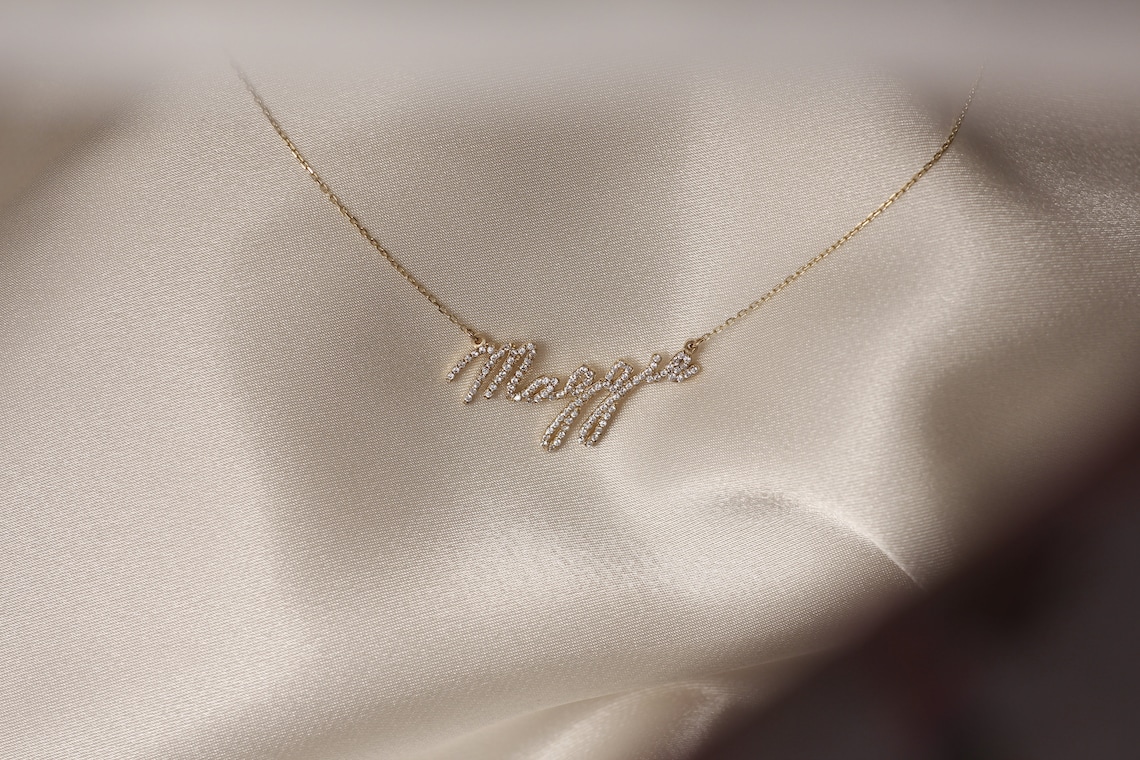 14k Solid Gold Diamond Name Necklace Gold Name Necklace - Etsy UK