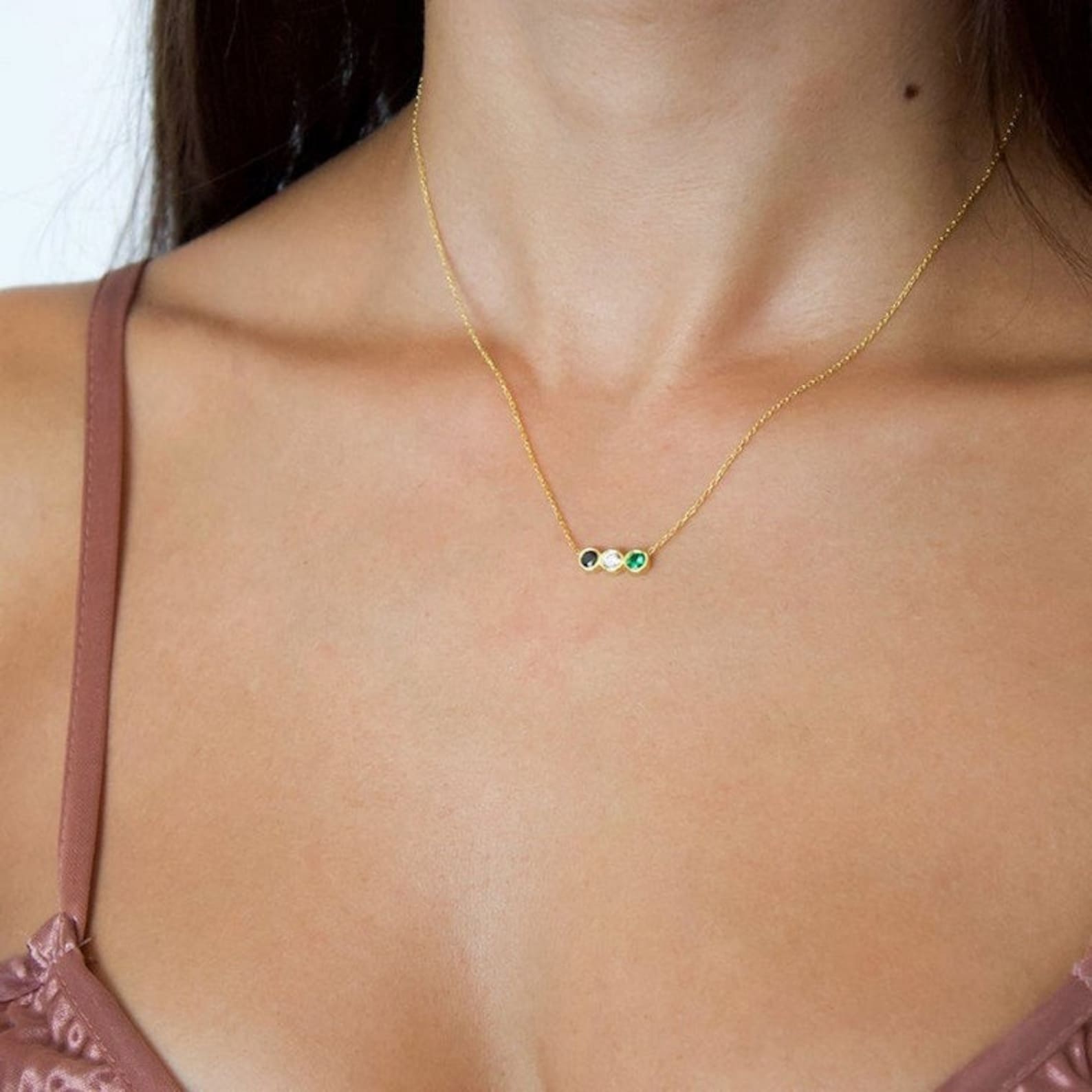 14k Solid Gold Family Birthstone Necklace , Gold Children Birthstone ...