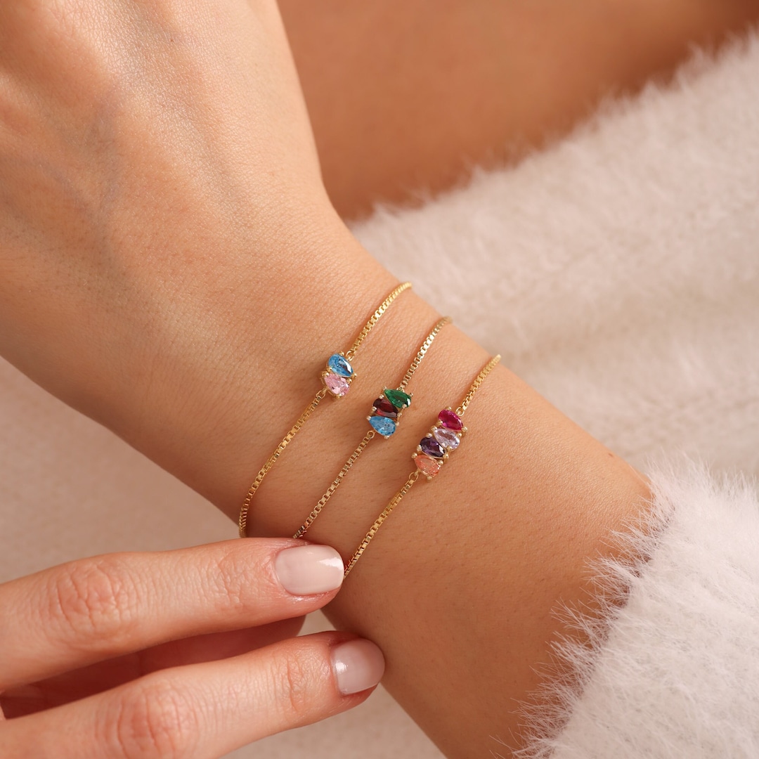 14k Gold Birthstone Bracelet, Teardrop Birthstone Bracelets, Family ...
