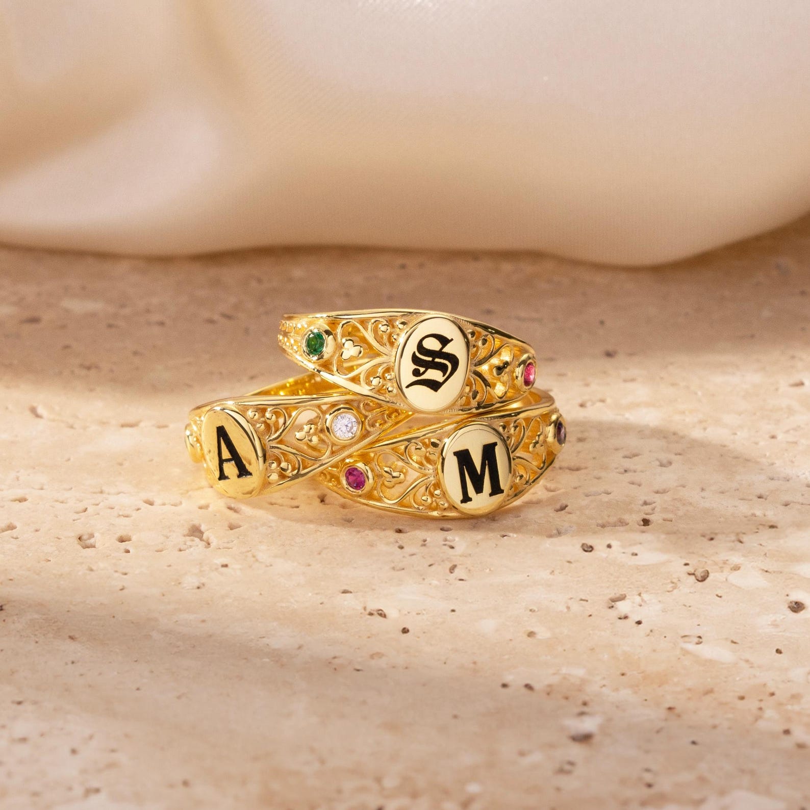 Birthstone Signet Ring , Initial Ring, Personalized Ring for Women ...