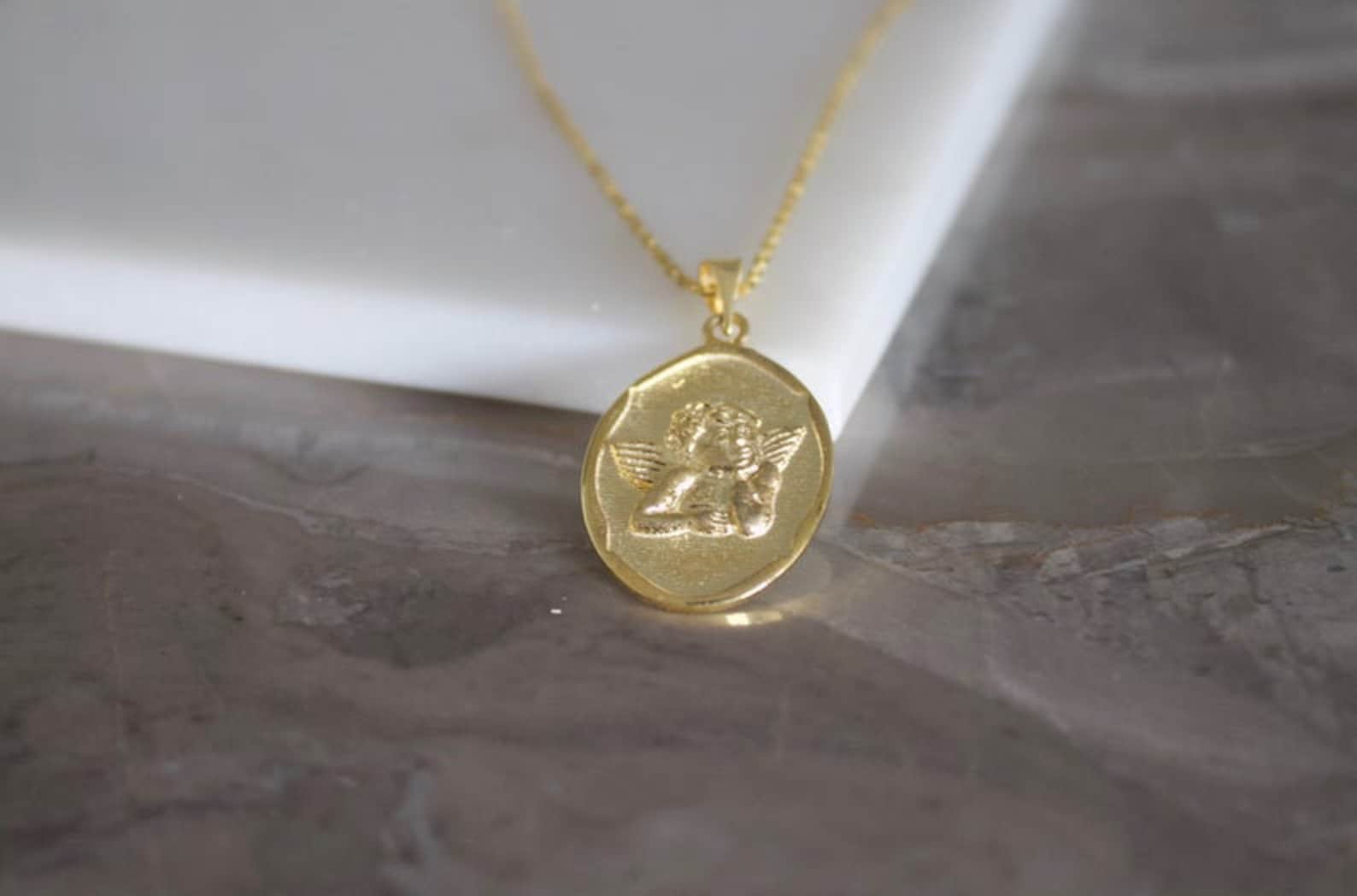 Angel Medallion Necklace Angel Necklace Gold Coin Necklace | Etsy