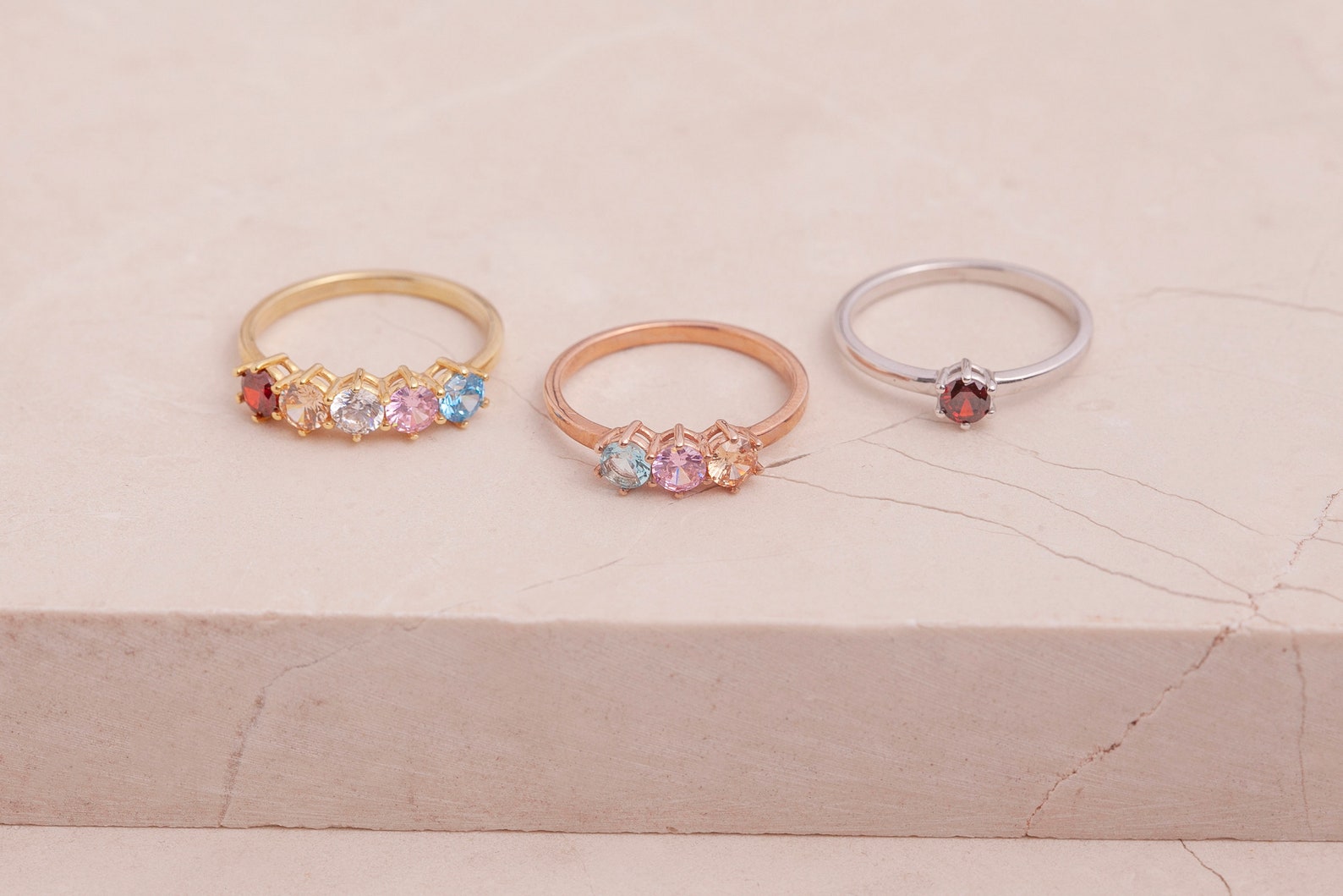 14K Solid Gold Birthstone Ring, Personalized Birthstone Ring, Dainty ...