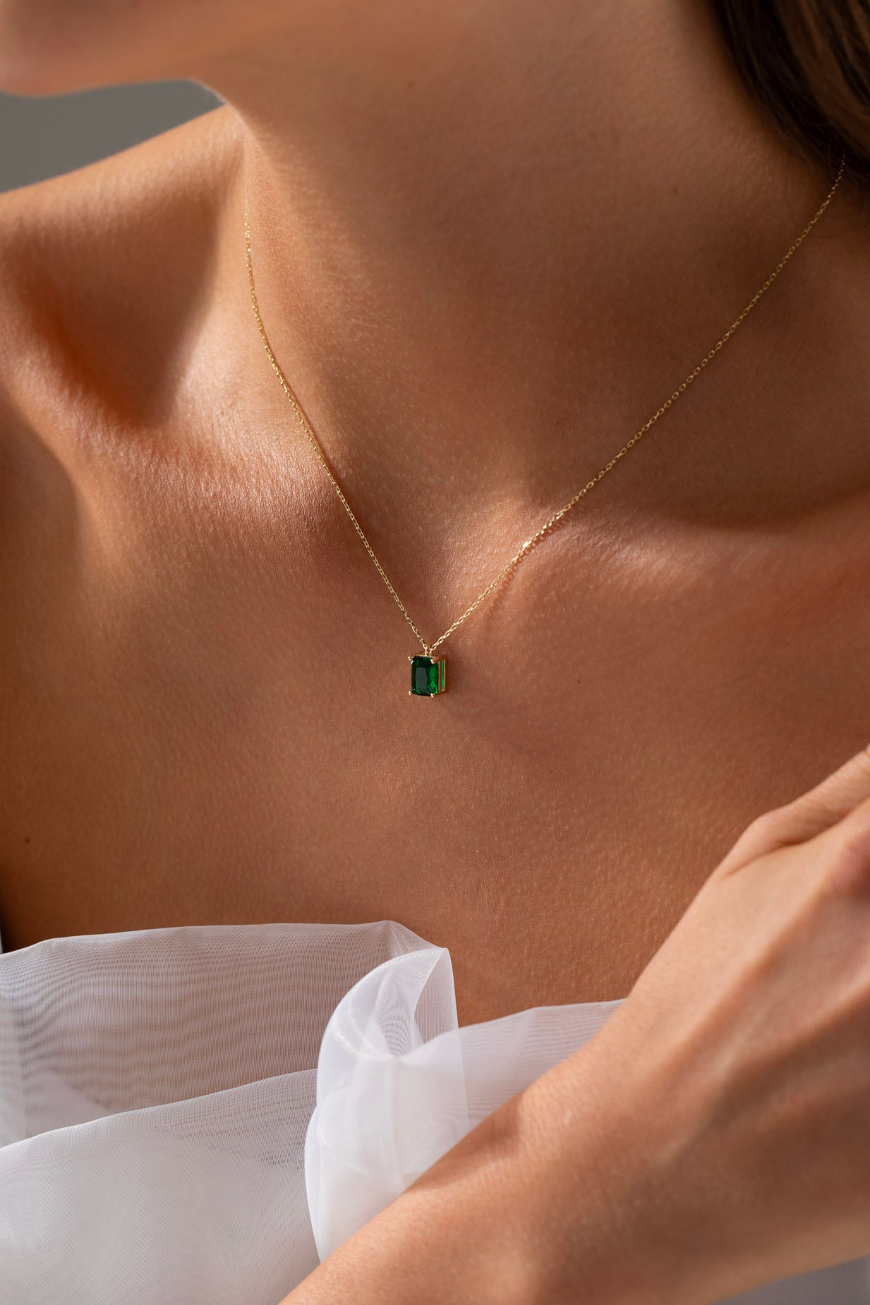 14k Solid Gold Rectangle Emerald Necklace, 10k Gold Minimalist Necklace ...