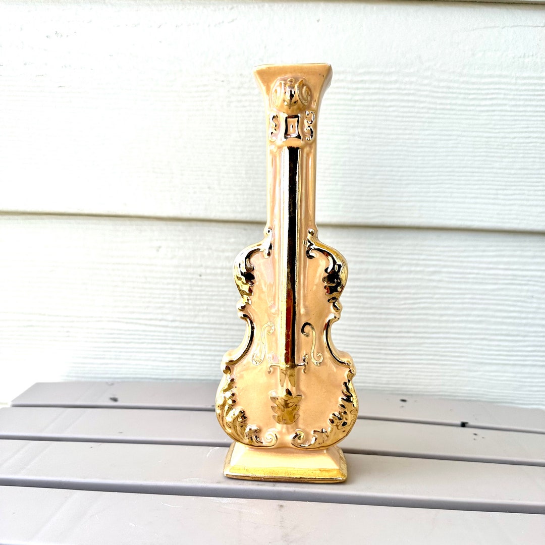 Cello Wall Pocket/vase, Vintage Ceramic Yellow With Gold Trim Violin ...
