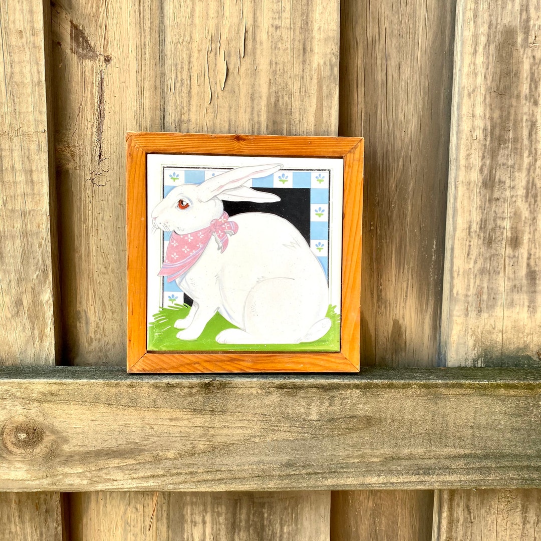PELZMAN White Rabbit Ceramic Tile Trivet With Wood Frame, Vintage 1981 ...