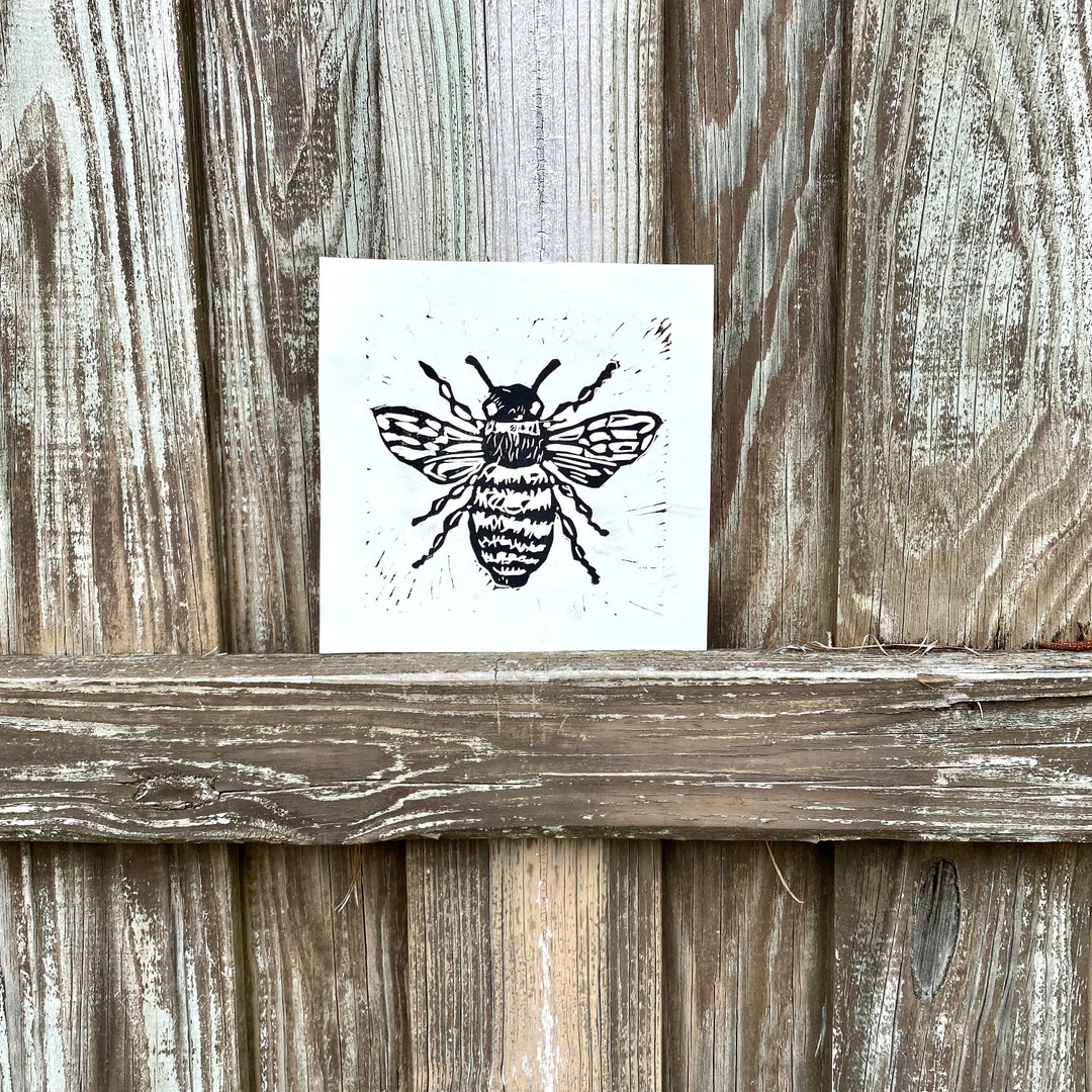 Linocut Bee Pint, Handmade Black & White Bumblebee Linoleum Block Print ...