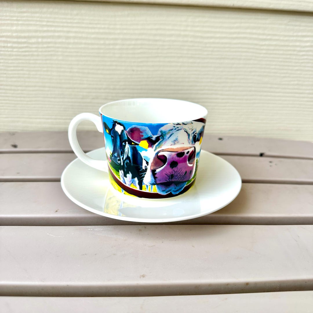 Cow Cappuccino Cup & Saucer, Vintage Bone China, Eoin O’conner Colorful ...