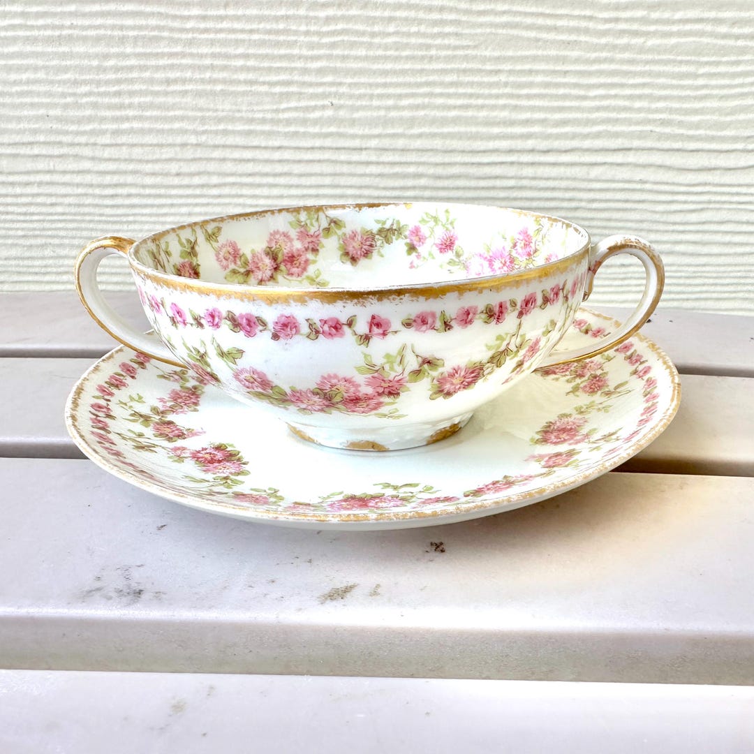 Soup/bullion Cup & Saucer, Double Handle, Antique Hand Painted ...