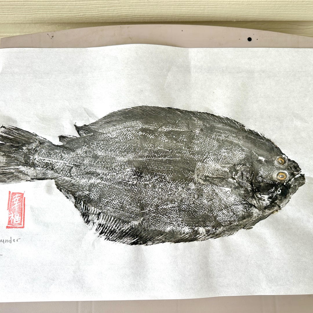 Flounder Fish Rubbing, Handmade Gyotaku Japanese Fish Print, Rice Paper ...