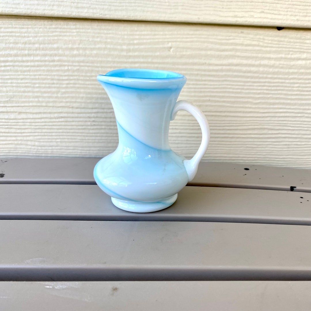 Kanawha Slag Art Glass Pitcher, Vintage Blue & White Swirl Vase, MCM ...