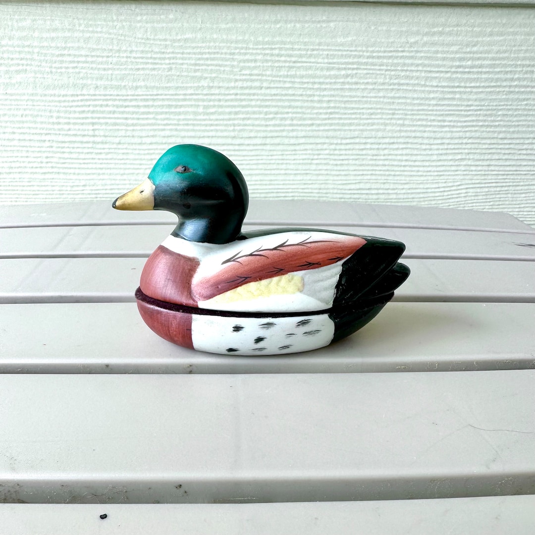 Mallard Trinket Box, Ceramic Felt Lined Lidded Duck Shaped Jewelry Box ...