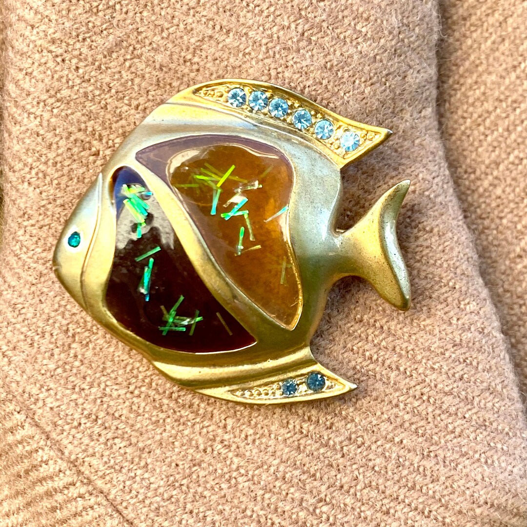 Gold Rhinestone Angel Fish Brooch, Vintage Matt Gold Metal & Blue ...