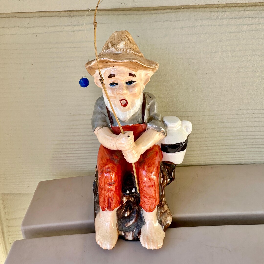 Hillbilly Fishing Figurine, Vintage Hand Painted Ceramic by Artmark ...