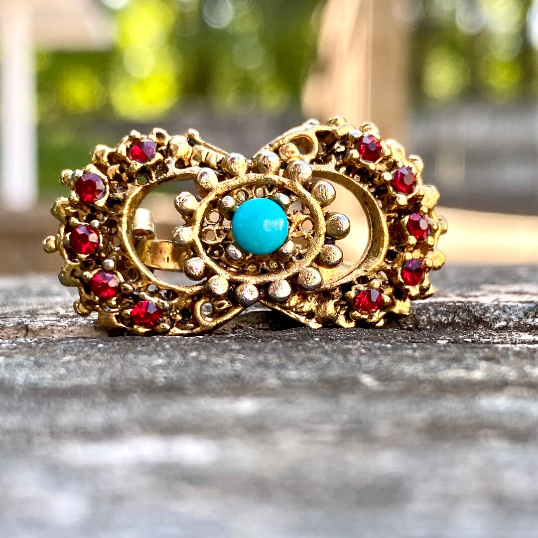 Gold Infinity Symbol/venn Diagram Brooch/pin With Red and Turquoise ...