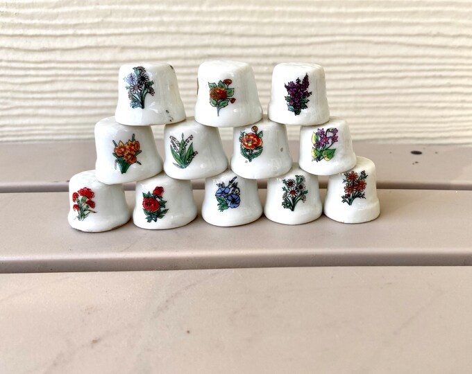 Flower Thimble Set, 12 Vintage Ceramic Floral Sewing Notions, White W ...